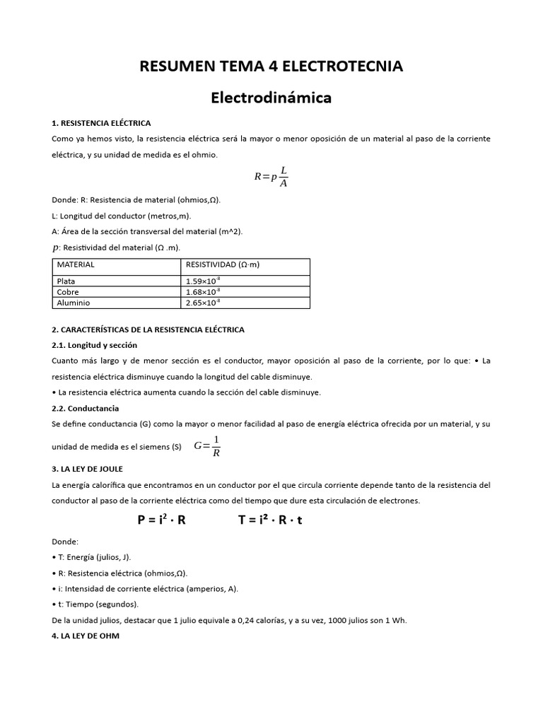 Resumen Tema 4 Electrotecnia - 101621 | PDF | Resistencia Eléctrica y Conductancia | Energia ...