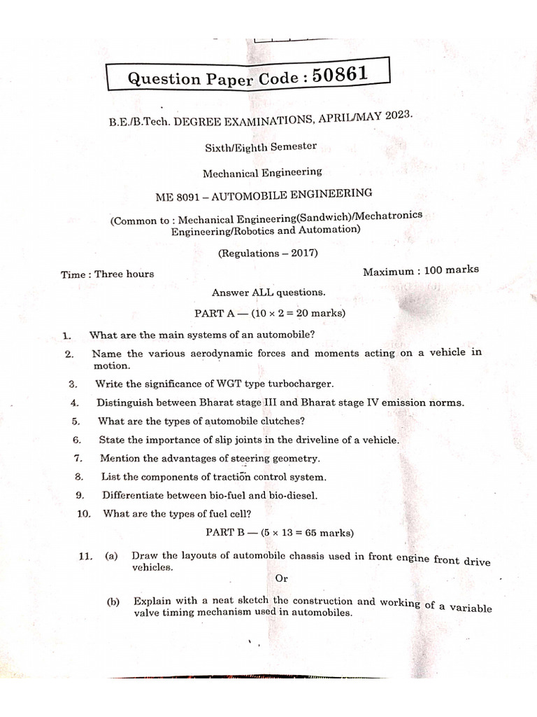 Me 8091 Automobile Engineering University Question Paper April-May 2023 ...