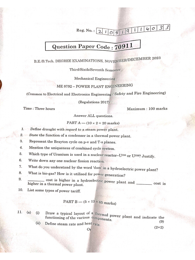 Power Plant Engineering Me8792 Nov-Dec 2023 University Question Paper | PDF