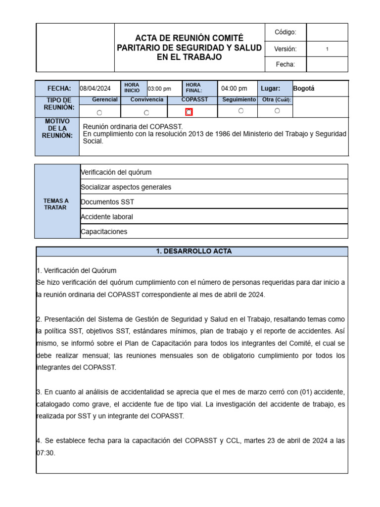 Acta de Reunión COPASST | PDF