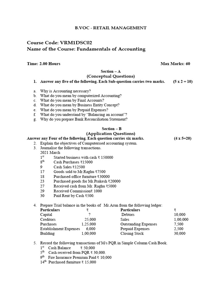 Fundamentals of Accounting Model Question Paper | PDF | Business ...