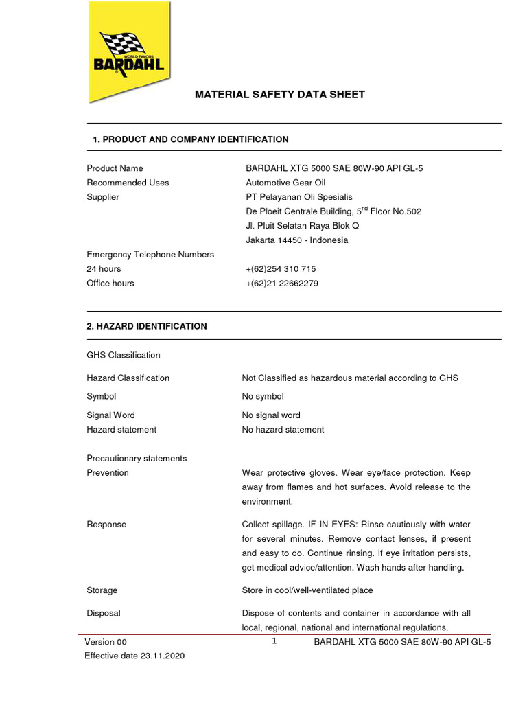 Msds - Bardahl XTG 5000 Sae 80w-90 API Gl-5 | Download Free PDF | Oxide ...