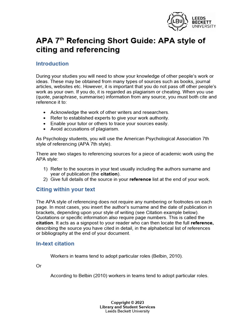 APA 7 Referencing Short Guide | PDF | Digital Object Identifier | Apa Style