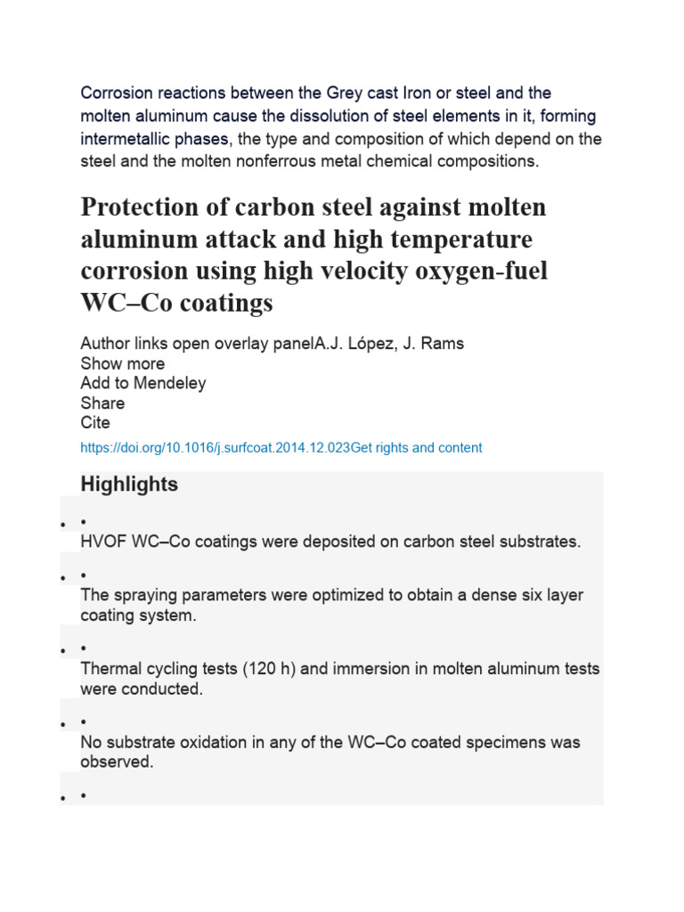 Corrosion Reactions Between The Steel, Cast Iron and The Molten ...