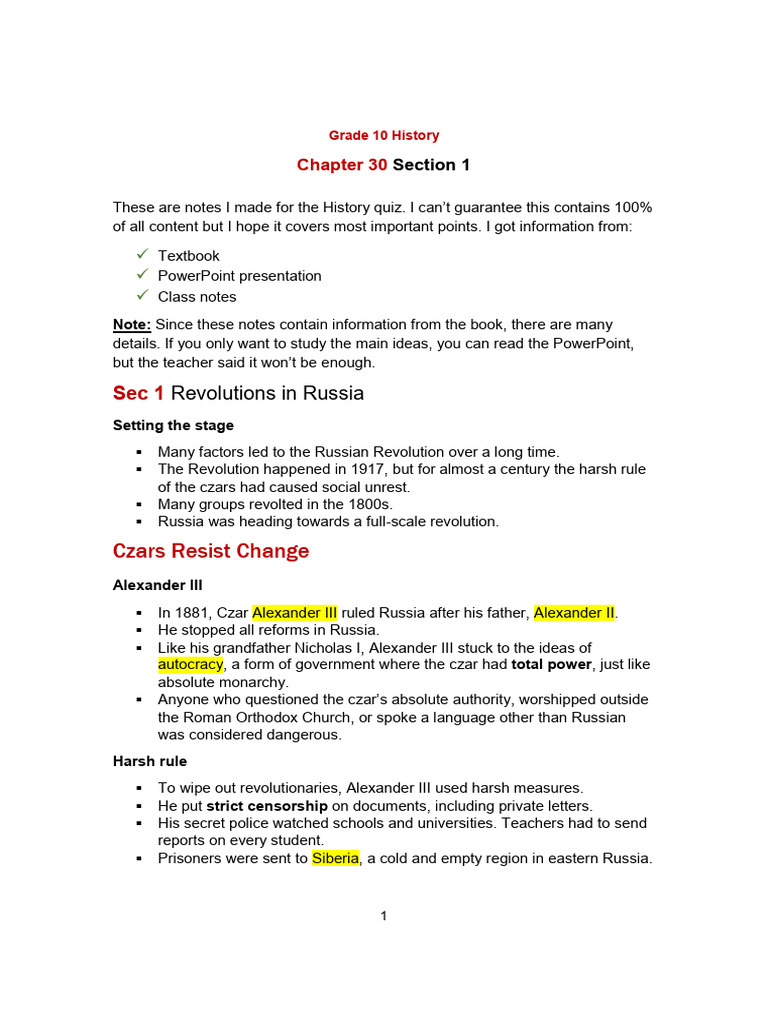 Chapter 30 Section 1 - History Notes | PDF | Vladimir Lenin | Joseph Stalin