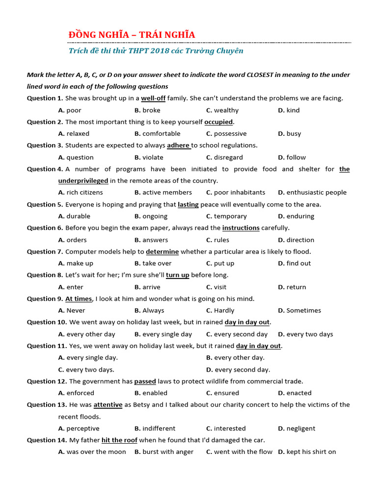 T NG H P Tìm T Đ NG Nghĩa-Trái Nghĩa | PDF | Anger