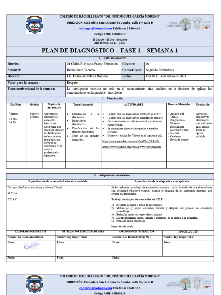 Plan de Diagnóstico Semana 1 y 2 Soporte Tecnico-2do. | PDF ...