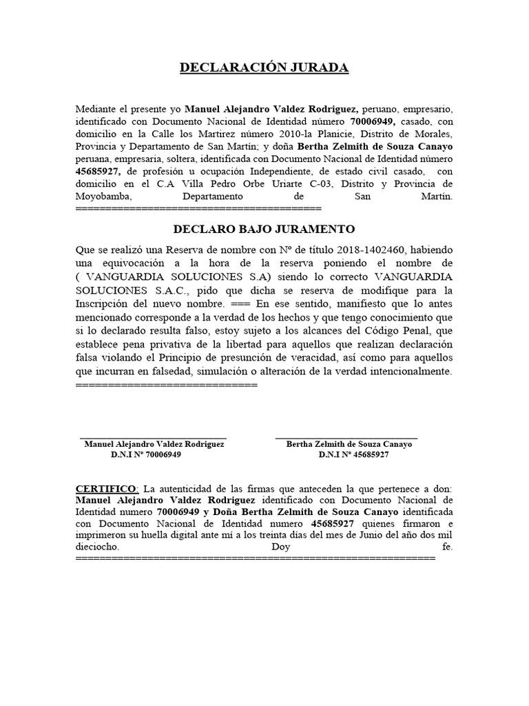 DECLARACIÓN JURADA DE SUNARP | PDF