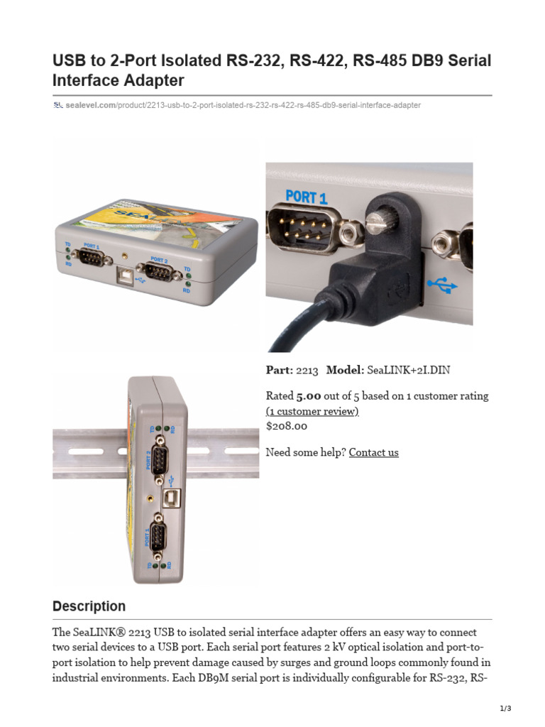 Sealevel.com-USB to 2-Port Isolated RS-232 RS-422 RS-485 DB9 Serial ...