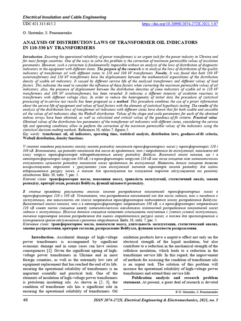Analysis of Distribution Laws of Transformer Oil Indicators in 110 330 KV Transformers | PDF ...