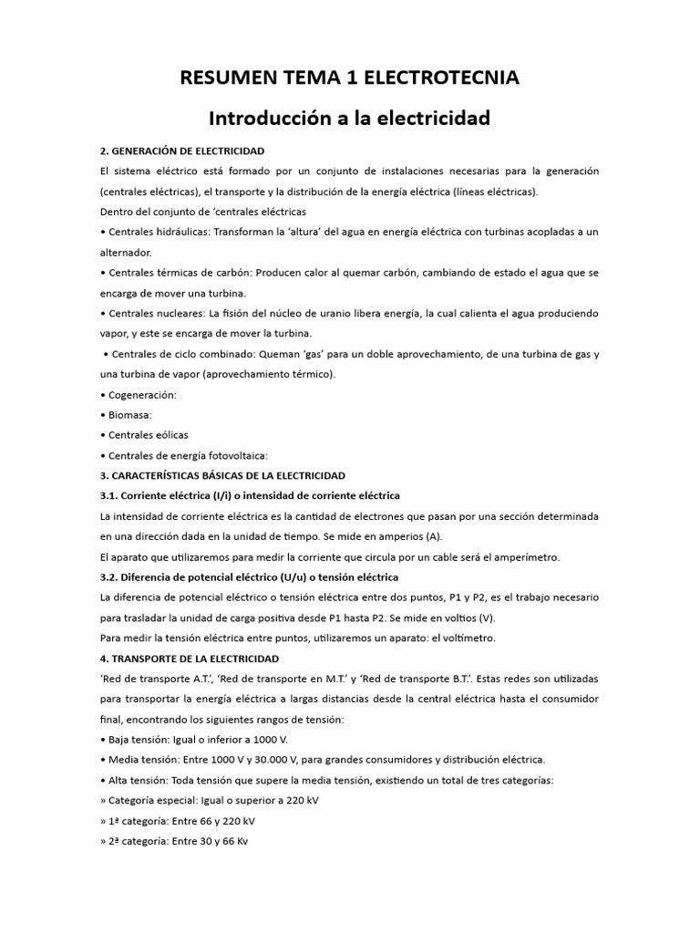 RESUMEN TEMA 1 ELECTROTECNIA_101609 | PDF | Electrón | Electricidad