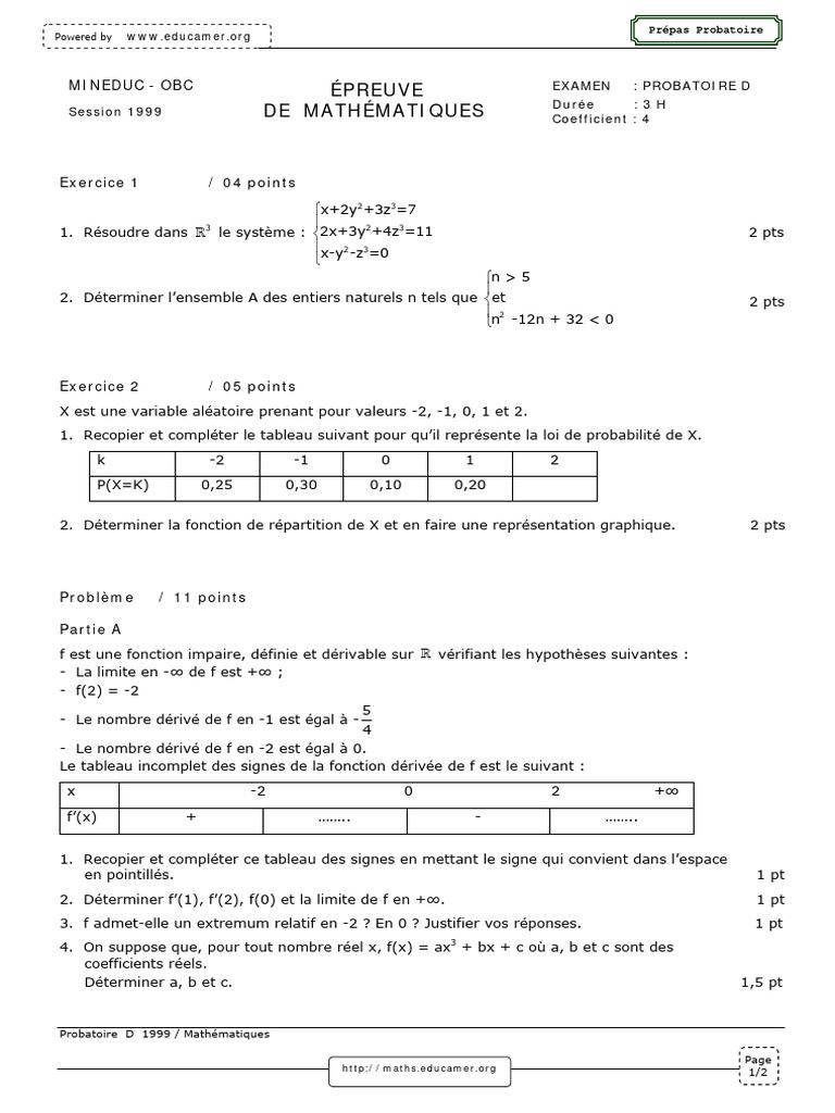 Maths Probatoire D 1999-2022 | PDF | Coordonnées cartésiennes | Tangente (géométrie)