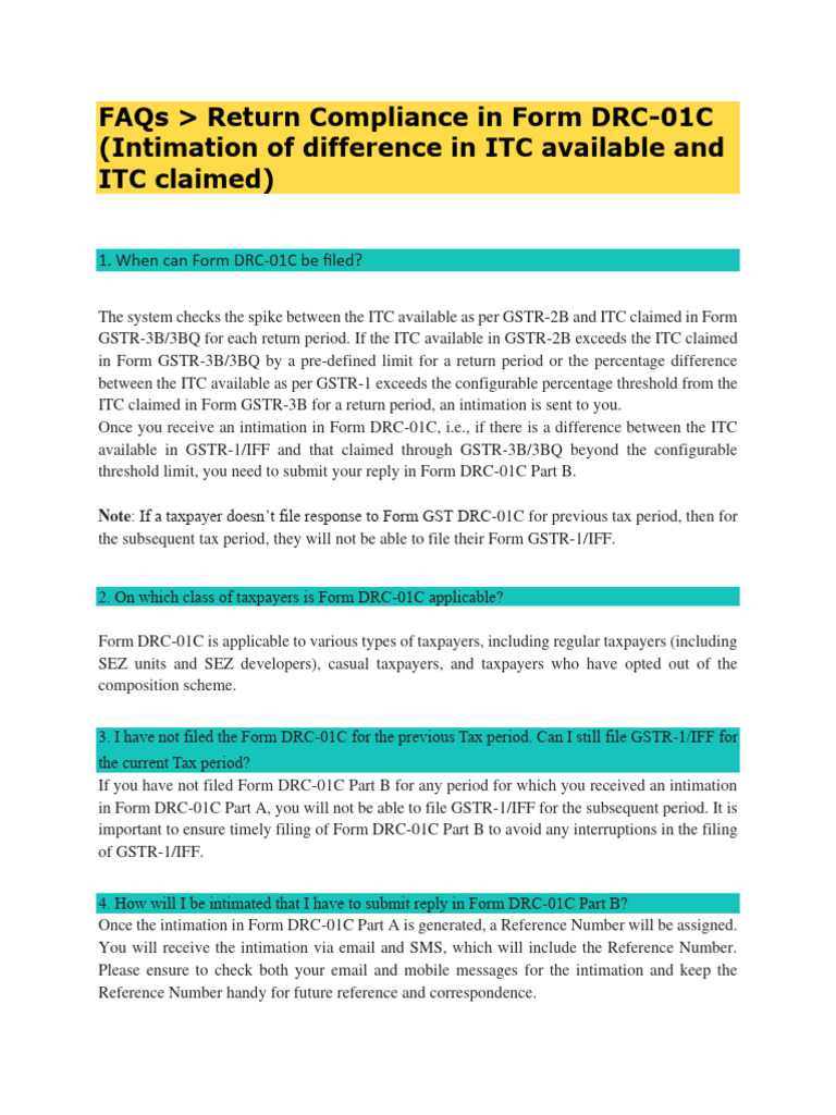 Return Compliance Itc Mismatch Intimation in Form GST DRC 01c | PDF | Taxes | Payments