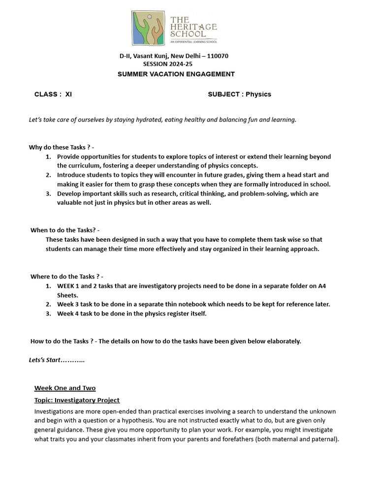 2024-25 - Physics - Grade XI - Summer Vacation Engagement | PDF | Waves | Acceleration