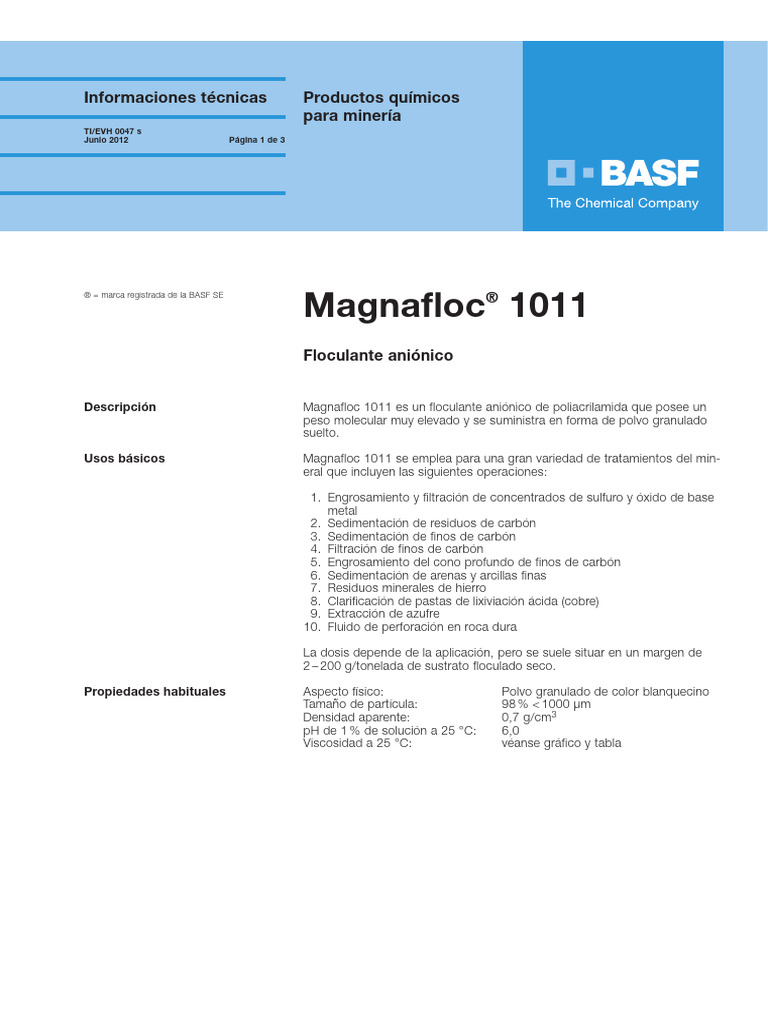 Magnafloc 1011 Basf | PDF | Minería | Filtración