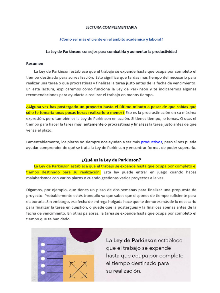 Lectura Complementaria - Ser Más Productivo - LEY de PARKINSON | PDF ...