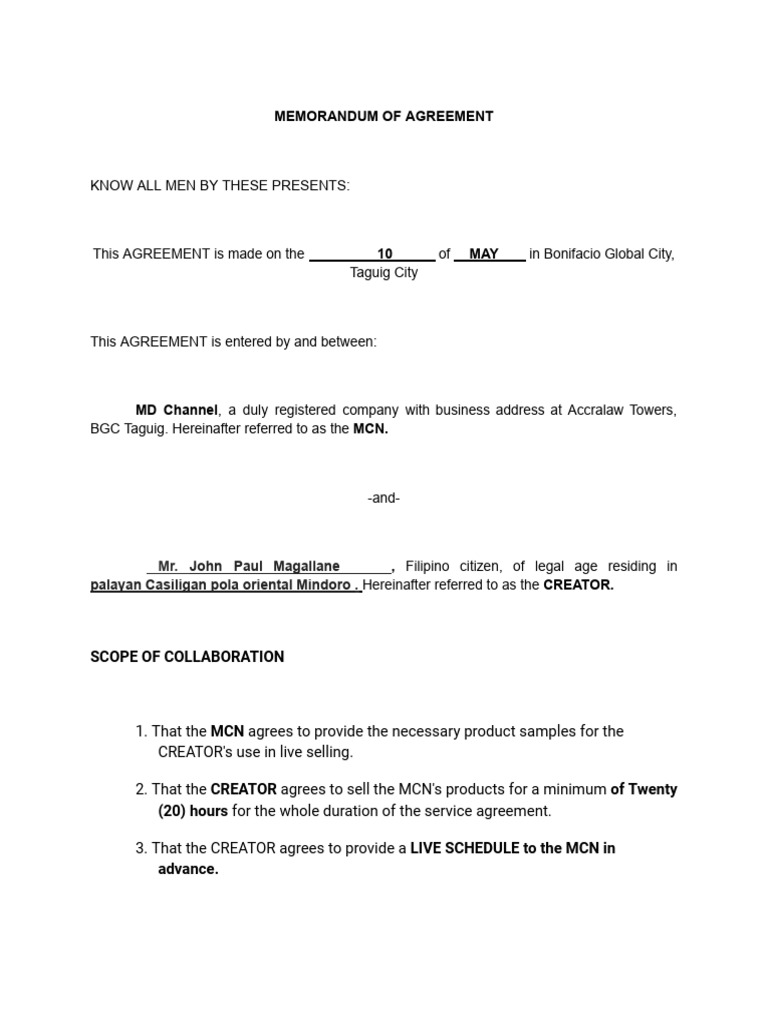Memorandum of Agreement - Johnpaul | PDF | Breach Of Contract | Consent