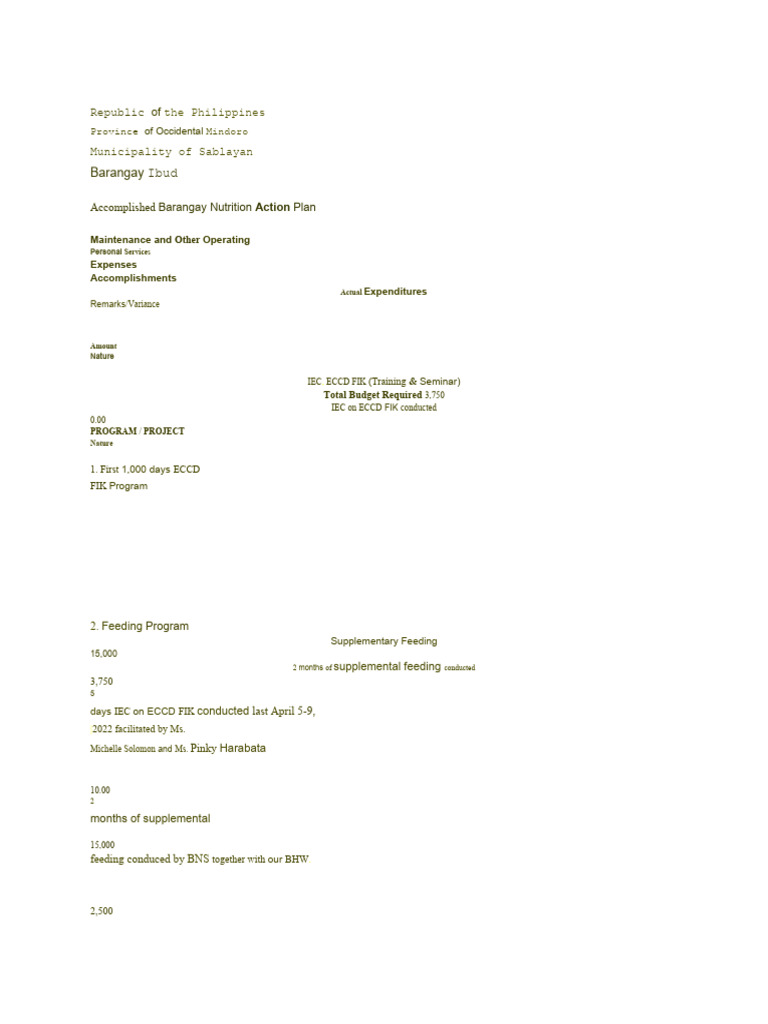 Sample Barangay Nutrition Action Plan (BNAP) | PDF | Public Health ...