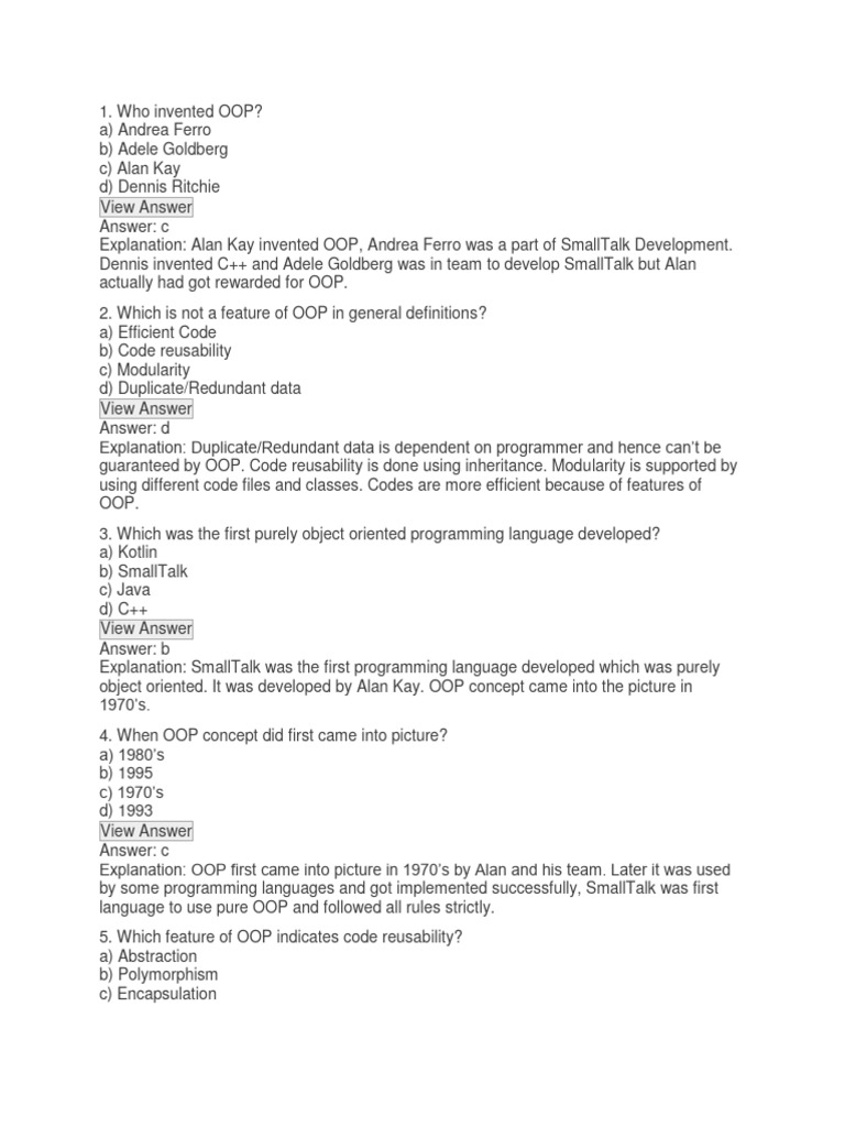 obeject orineted questio part one | Download Free PDF | Object Oriented ...