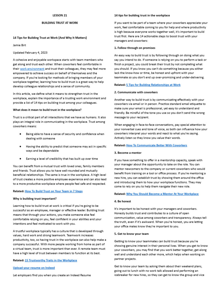 Lesson 21 - Building Trust at Work | PDF | Empathy | Leadership