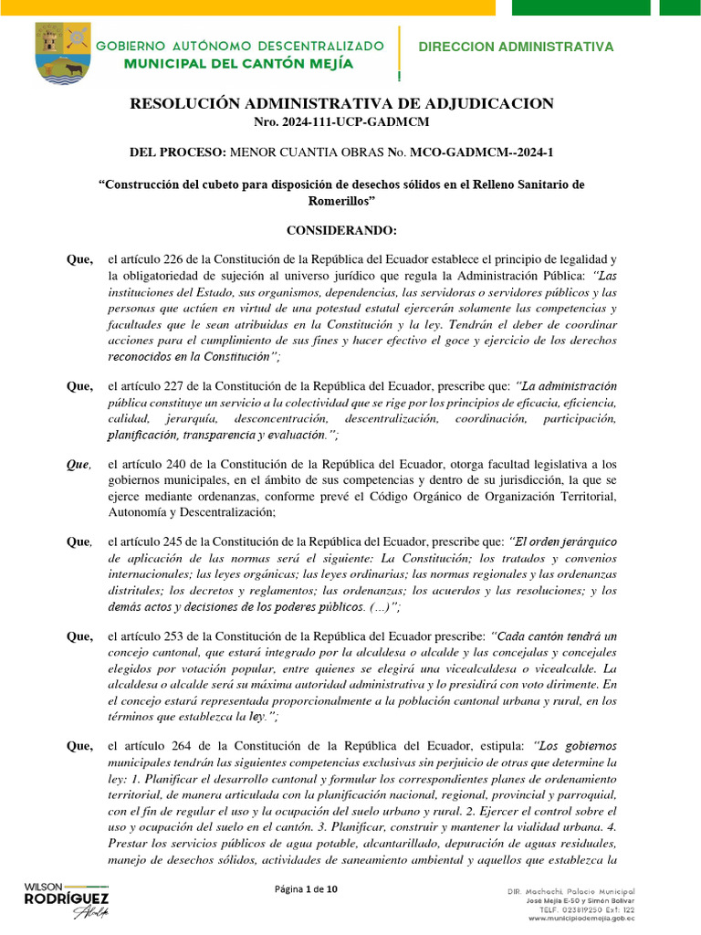 Resolución Administrativa de Adjudicacion | PDF | Alcalde | Presupuesto