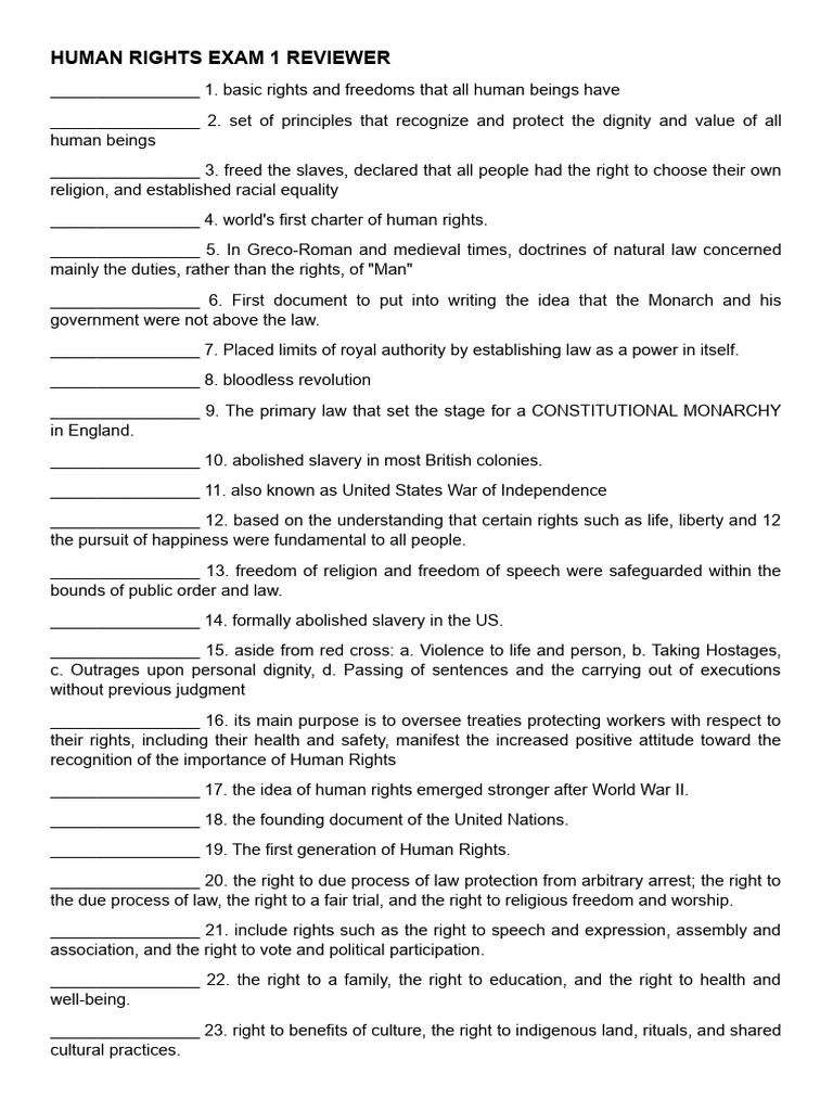 HUMAN RIGHTS EXAM 1 REVIEWER | PDF | Human Rights | Rights