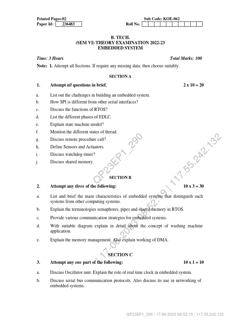 Btech Oe 6 Sem Embedded System Koe 062 2023 | PDF | Embedded System | Computing