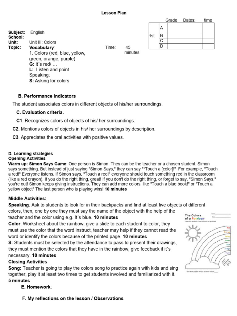 Lesson Plan 1st Grade May10 | PDF | Lesson Plan | Teaching