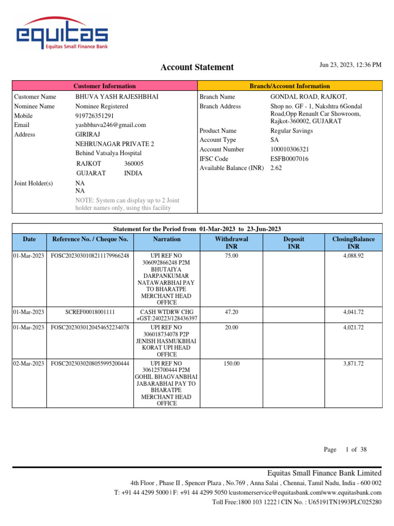Account Statement 20230623123656053 Unlocked | PDF | Banks | Cheque