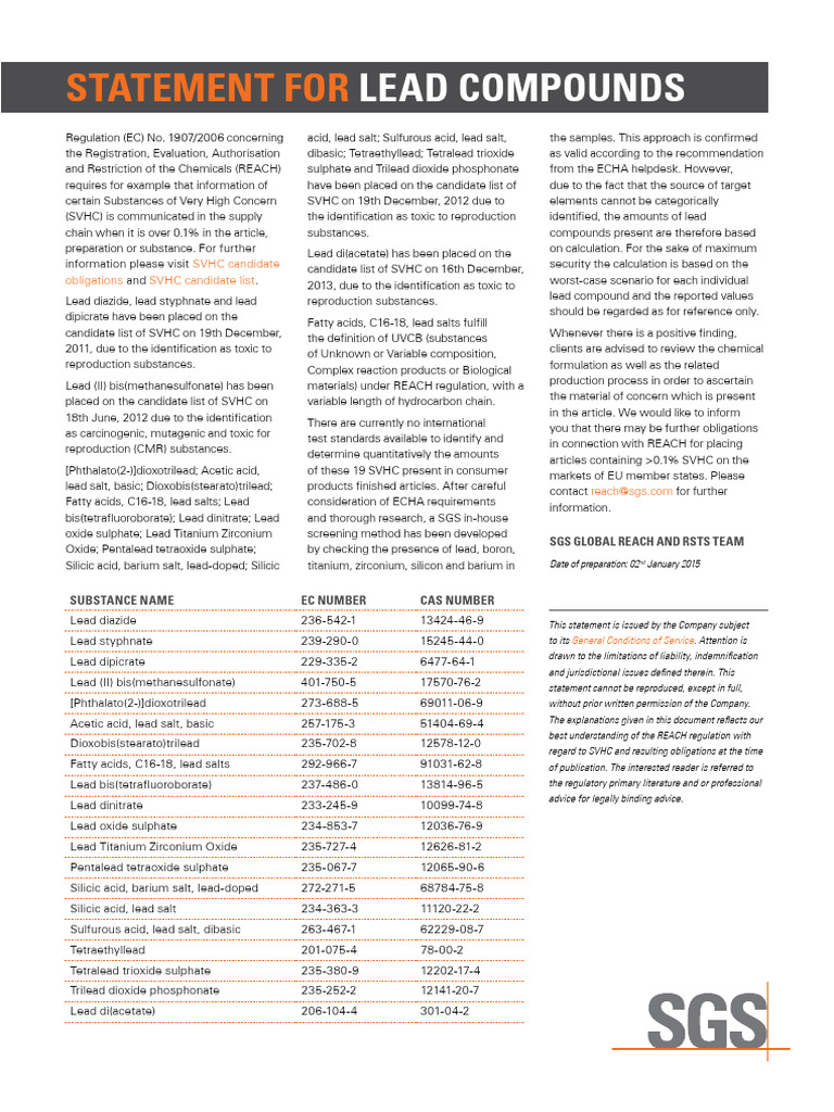 SGS CTS SVHC Letters Statement For Lead Compounds | PDF | Chemical ...