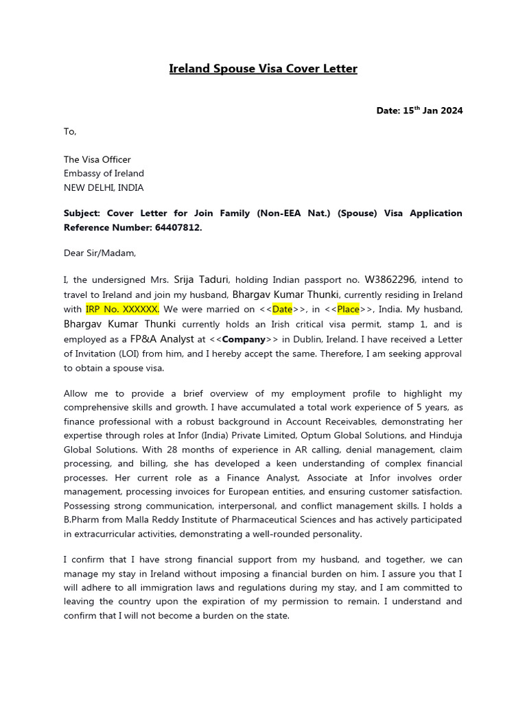Ireland Spouse Visa Cover Letter Sample | PDF | Travel Visa
