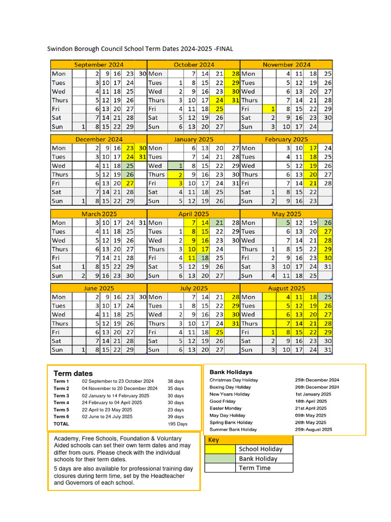 Swindon Schools Term and Holiday Dates 2024 25 | PDF | Wellness