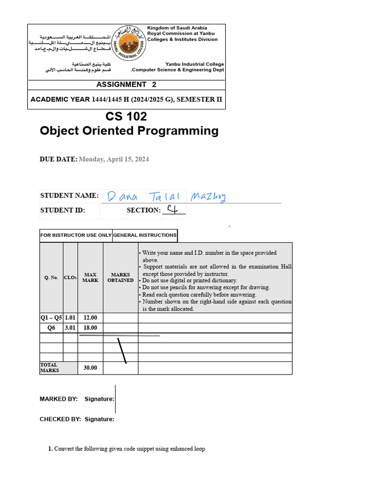 CS102 Object Oriented Programming Assignment | PDF | Class (Computer Programming) | Constructor ...