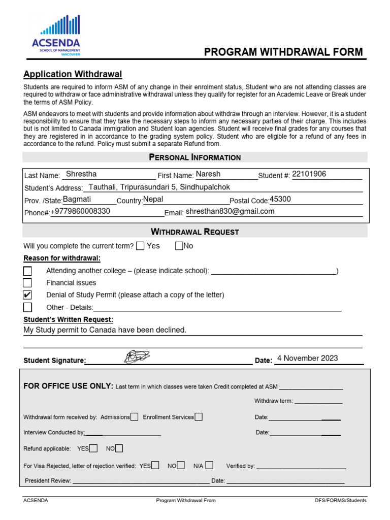Withdrawal Request Due to Financial Issues | PDF | Human Migration