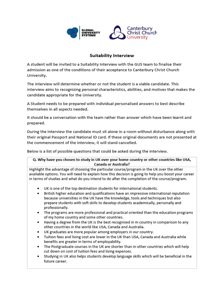 Suitability Interview Guide for CCCU | PDF | Cost Of Living | Knowledge