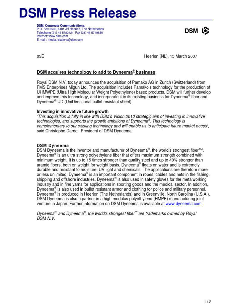 DSM Dyneema Acquisition | PDF