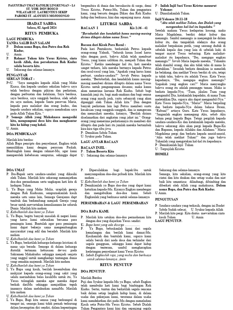 Ibadat Sabda Katolik St. Aloysius | PDF