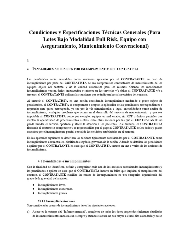 Especificaciones y condiciones tecnicas para licitacion del servicio de mantenimiento de equipo ...
