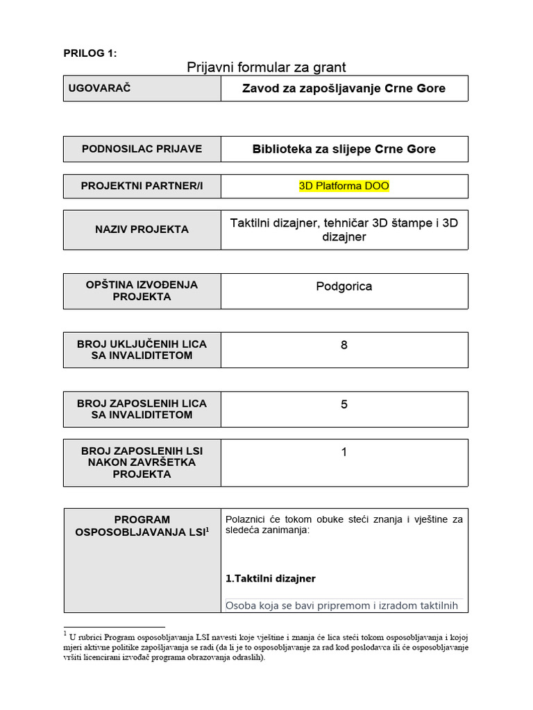Prijava Za Konkurs Sa Bibliotekom Za Slijepe | PDF
