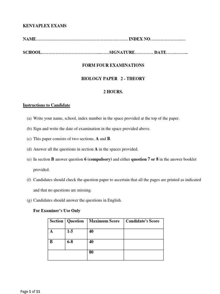 2254 Form 4 Biology Paper 2 End of Term 1 Examination 2024 PDF Format PDF | PDF | Biology