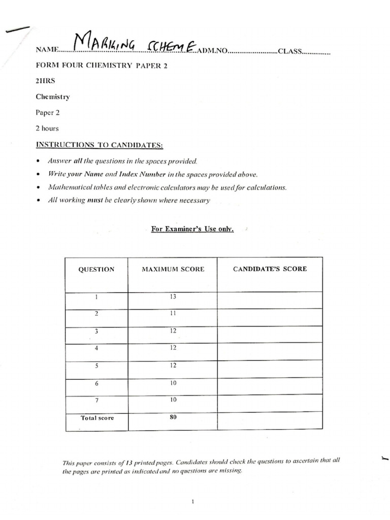 2260 Form 4 Chemistry Paper 2 End of Term 1 Examination 2024 Answers ...