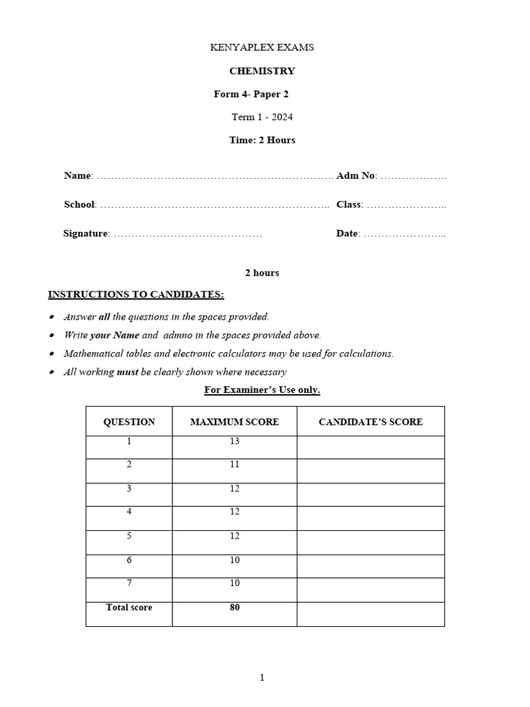 2260 Form 4 Chemistry Paper 2 End of Term 1 Examination 2024 Word ...