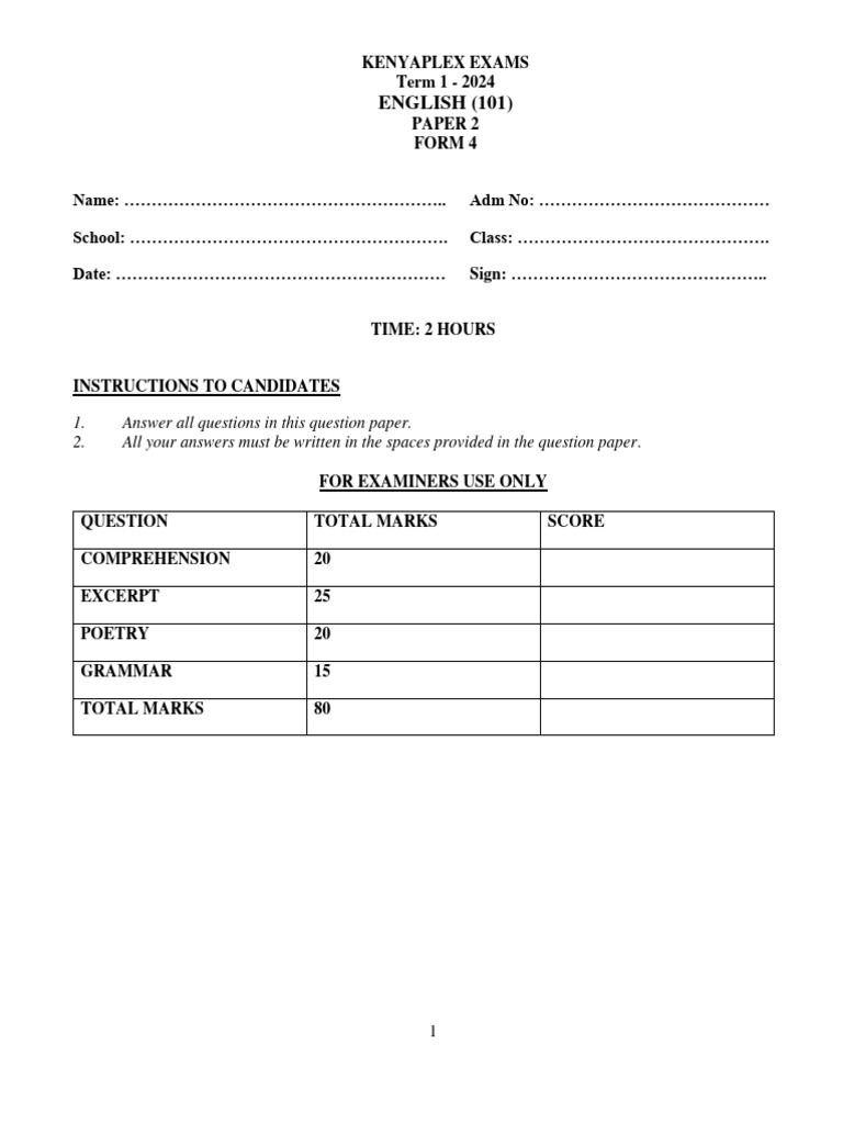 2270 Form 4 English Paper 2 End of Term 1 Examination 2024 PDF Format ...