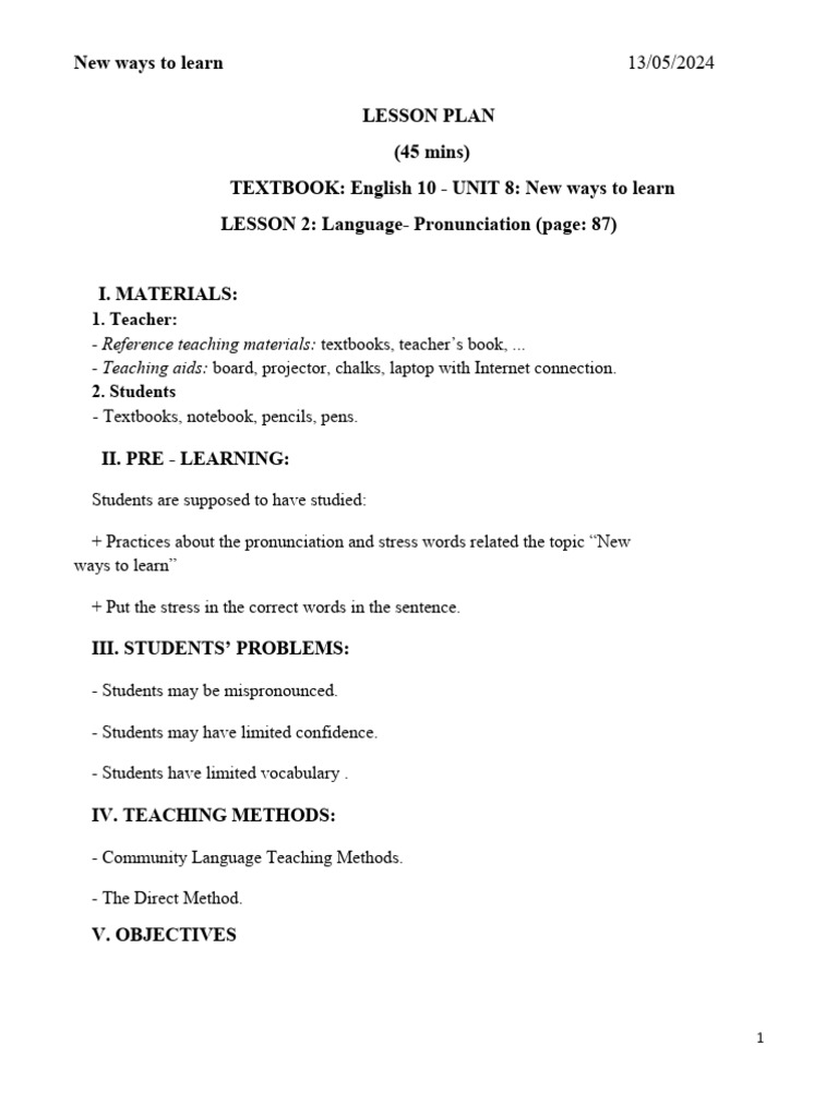 Lesson Plan Grade 10 Unit 8 Lesson 2 Đã Sửa 1 | PDF | Languages | Foreign Language Studies