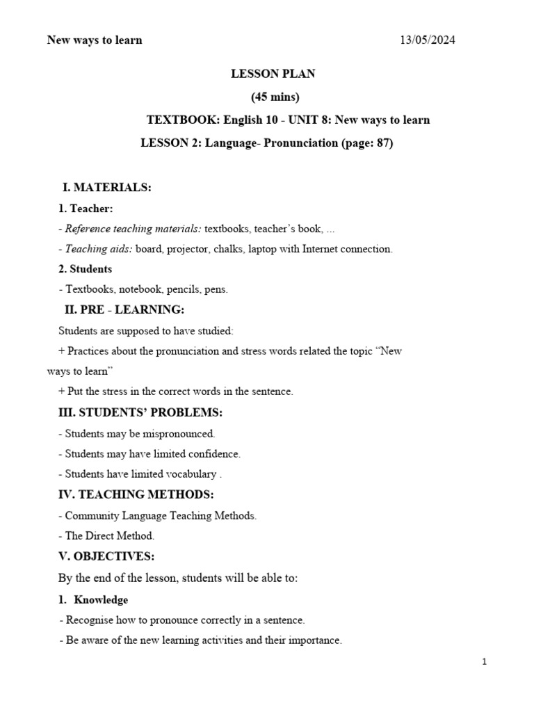 Pronunciation Lesson Plan: New Learning | PDF | Word | Adverb