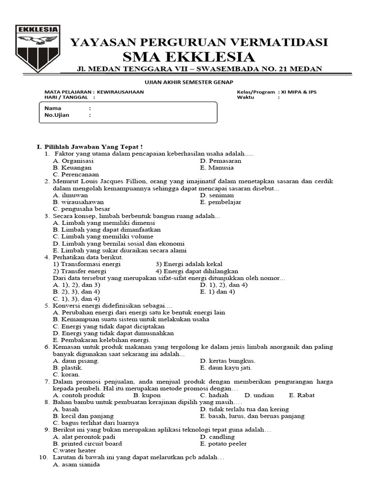 UAS Kewirausahaan Kelas Xi | PDF