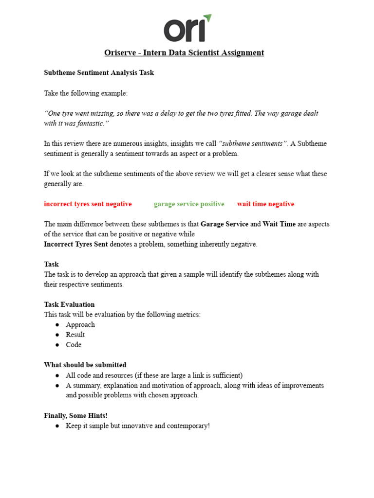 Oriserve - Intern Data Scientist Assignment | PDF