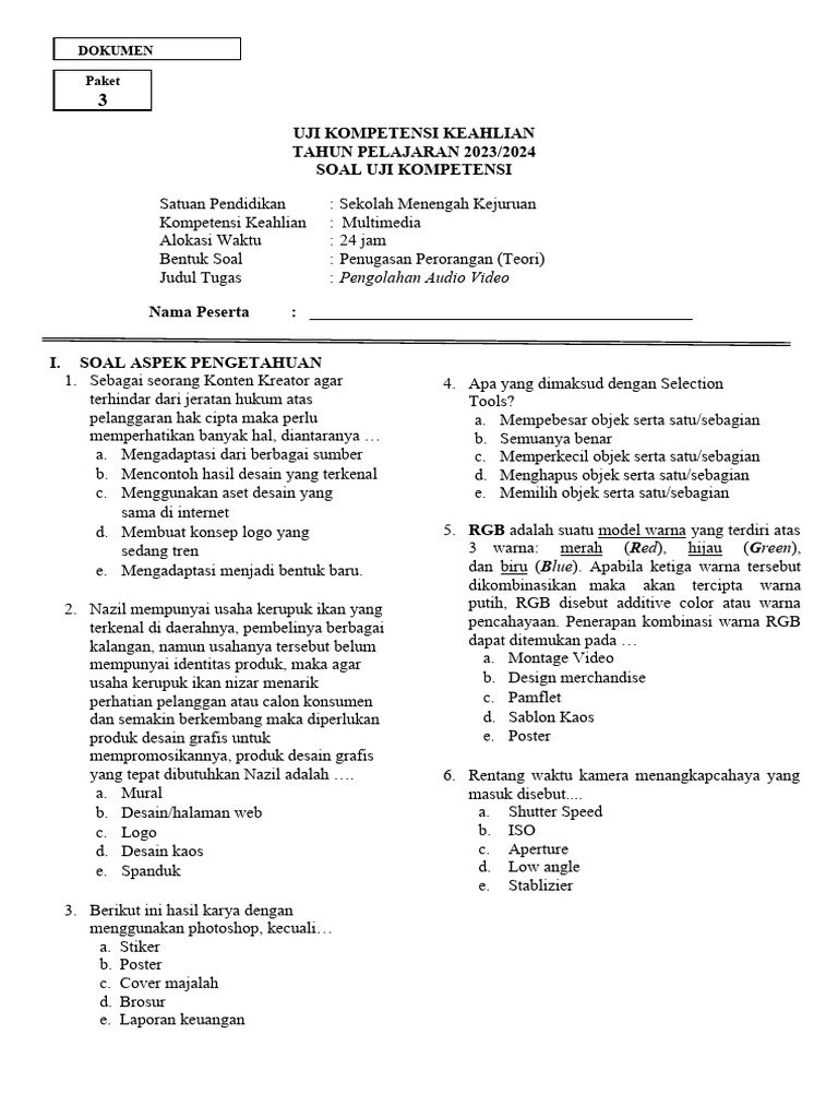 Soal Pengetahuan Ukk Multimedia 2023 2024 | PDF