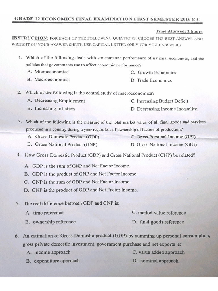 Grade 12 Economics, Model Exam (OR) | PDF