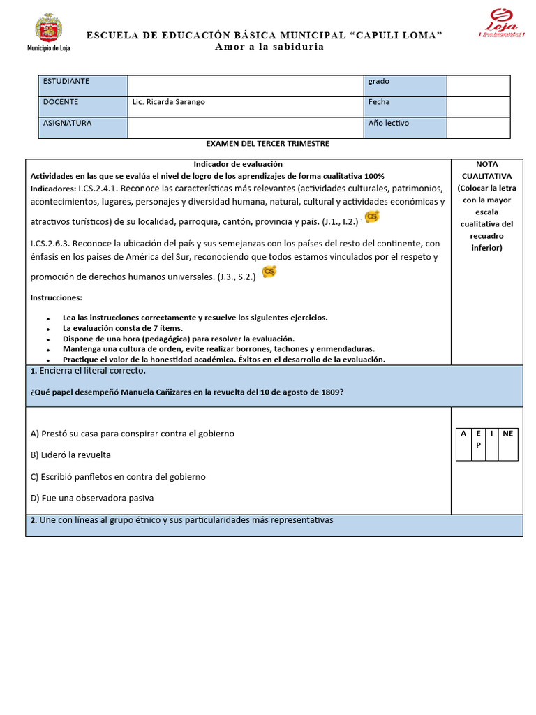 Evaluación Tercer Trimestre EE - SS 4° | PDF